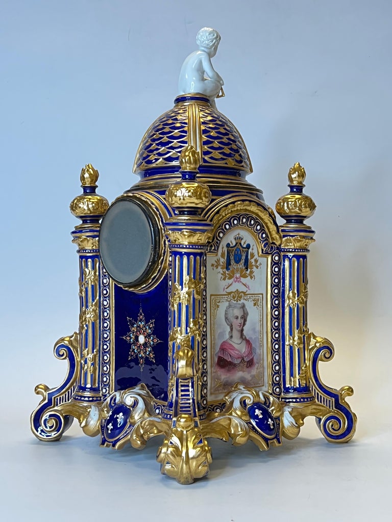 Louis XVI Sevres Style Jeweled Porcelain Mantel Clock For Sale at 1stDibs