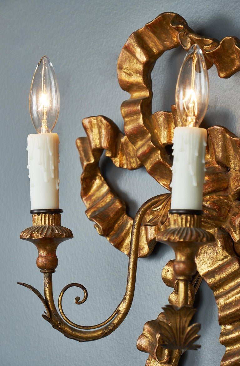 Louis XVI Style Antique Gold Bow Sconces For Sale at 1stDibs