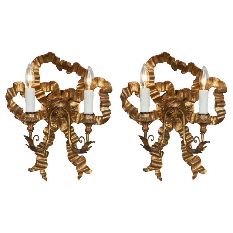 Louis XVI Style Antique Gold Bow Sconces For Sale at 1stDibs