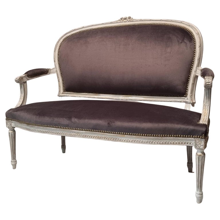 Louis XVI Style Bench, Patinated Wood and Rechampi, 19th at 1stDibs