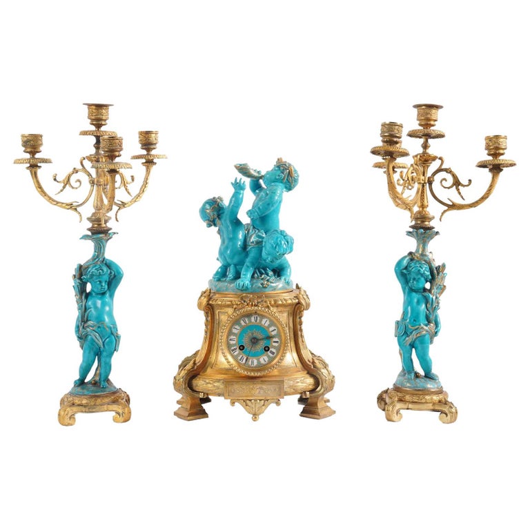 Louis XVI Style Celest Blue Sevres Porcelain and Bronze Putti Clock set ...