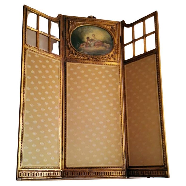 Louis XVI Style French Screen Gilded Wood with Oil Painting and Ground ...