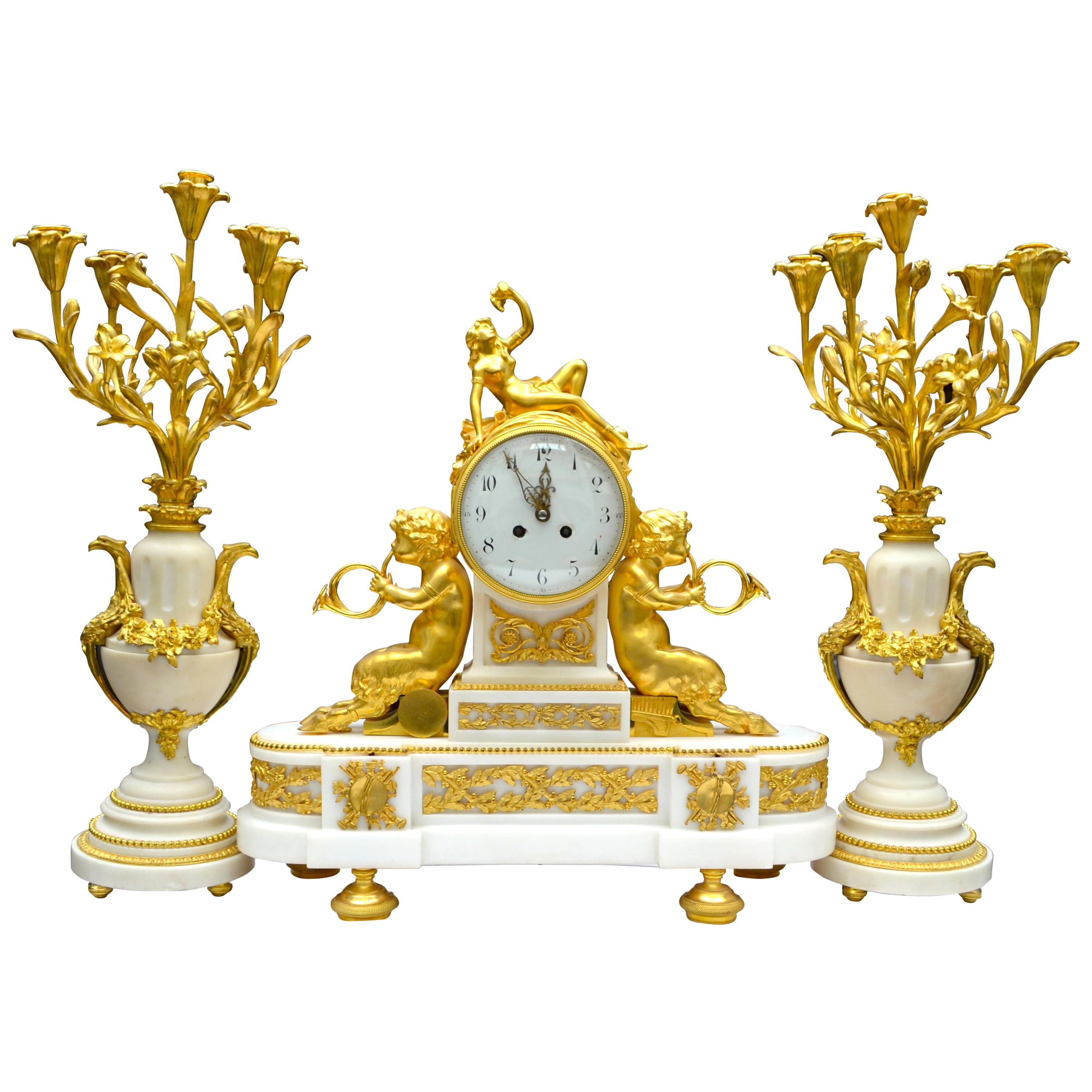 Louis XVI Style Porcelain and Gilt-Bronze Lyre Clock Garniture, circa ...