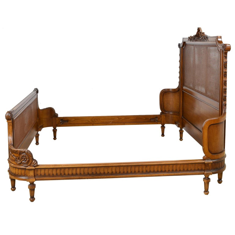 Louis XVI Style King Size Bed with Walnut-Colored Wood Frame and Woven ...