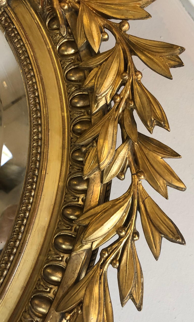 Louis XVI Style Oval Framed Giltwood Beveled Mirror Wreath Ribbon Shell ...