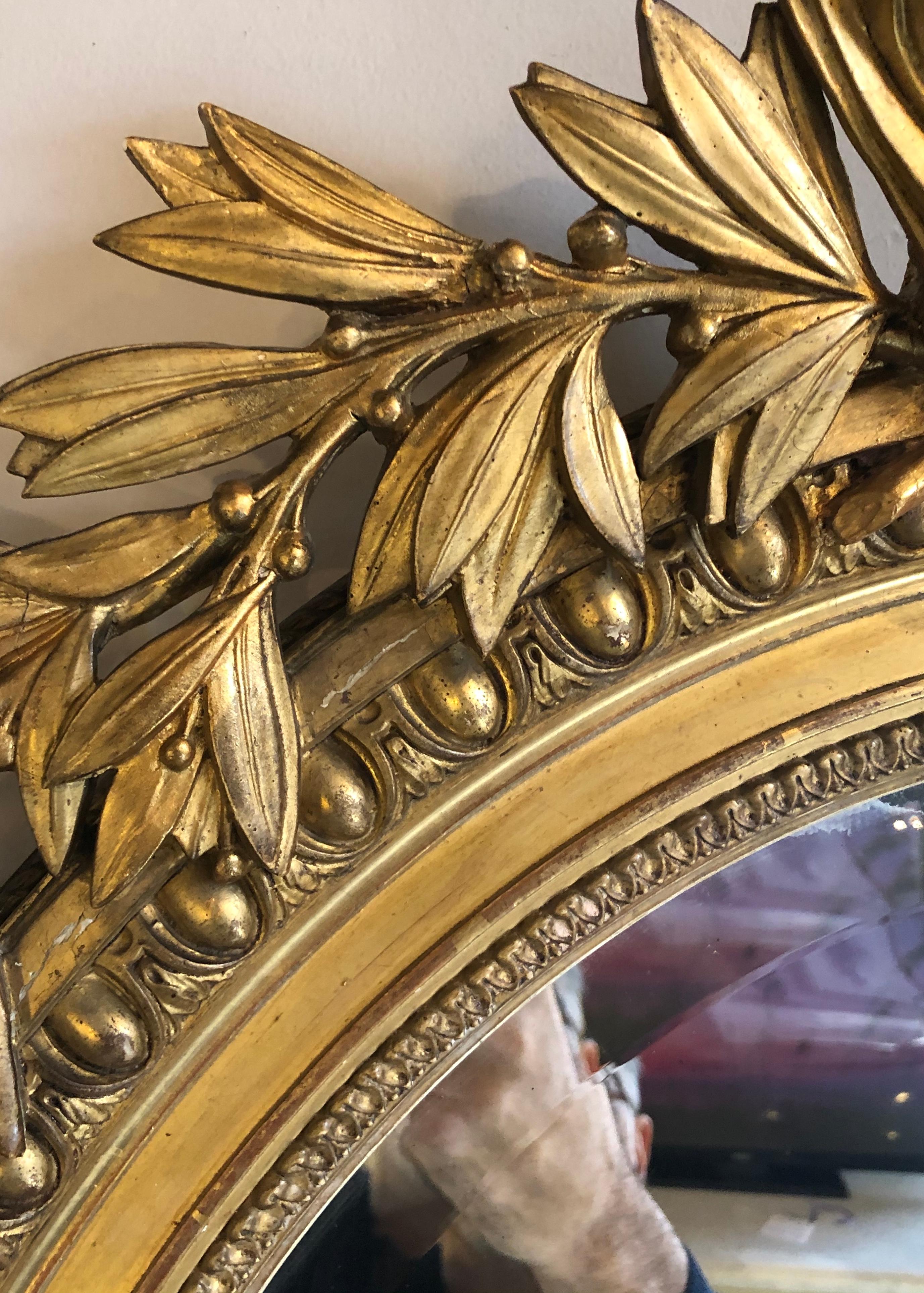 Louis XVI Style Oval Framed Giltwood Beveled Mirror Wreath Ribbon Shell ...