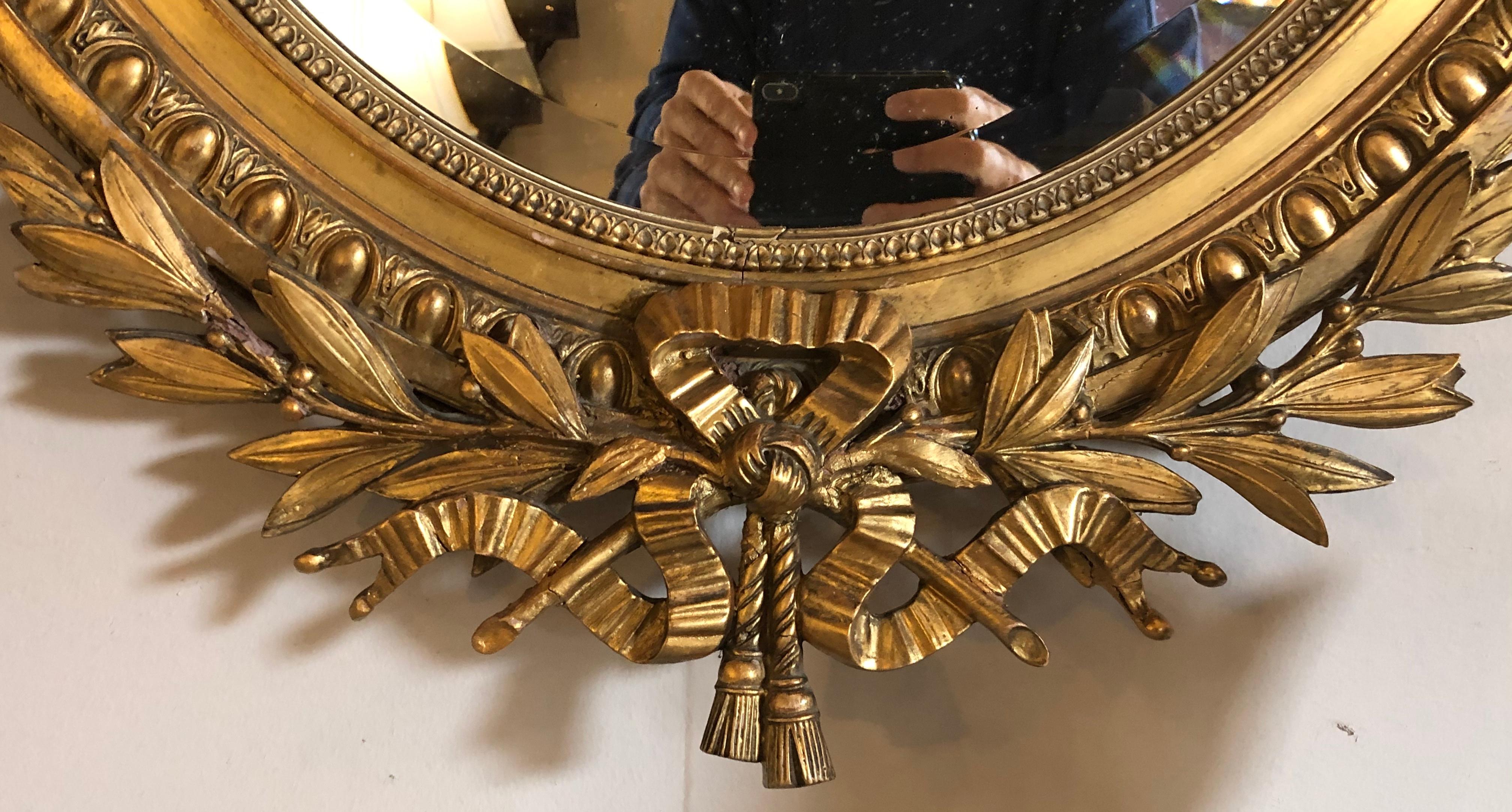Louis XVI Style Oval Framed Giltwood Beveled Mirror Wreath Ribbon Shell ...