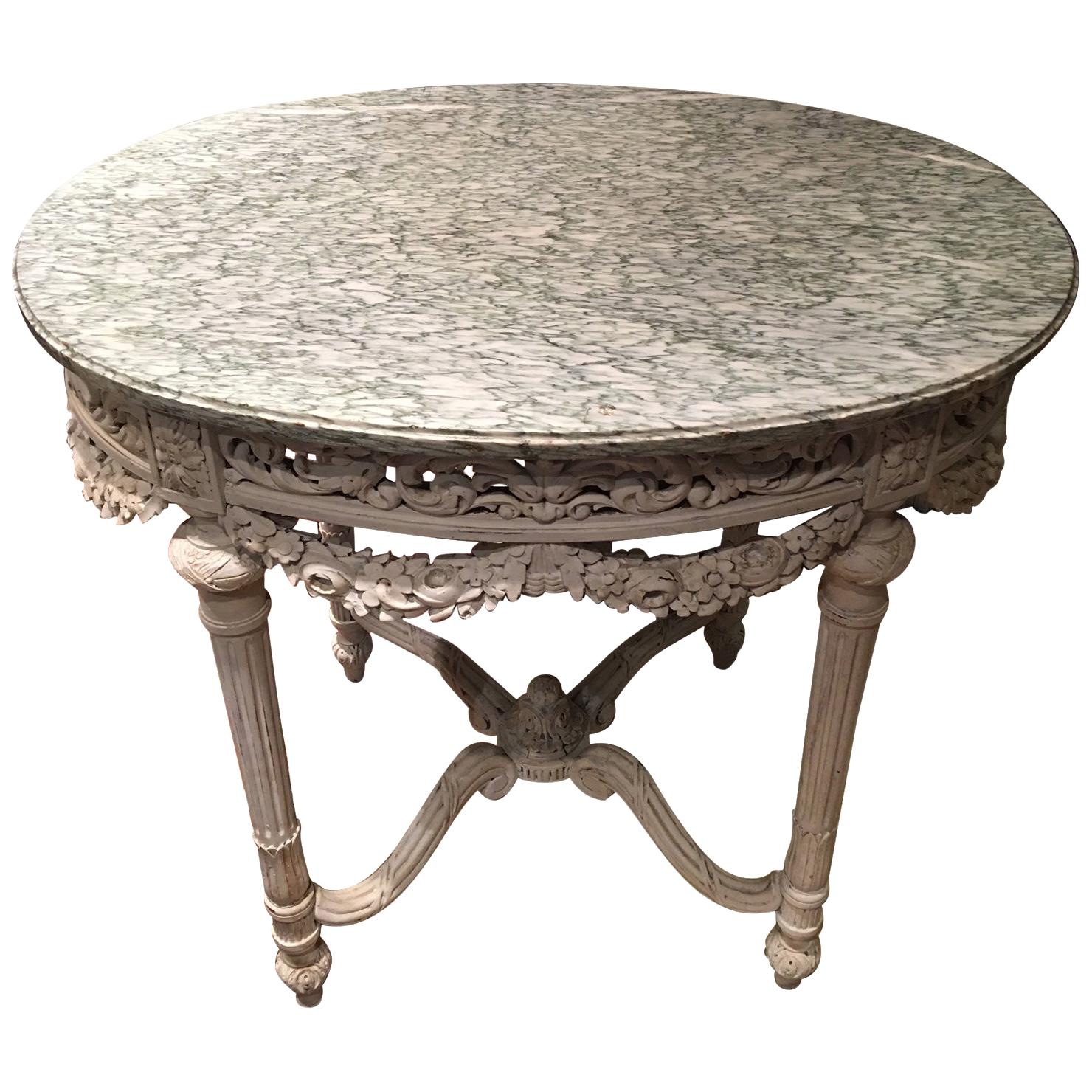 19th Century French Carved Louis XVI Painted Oval Table with Gray ...