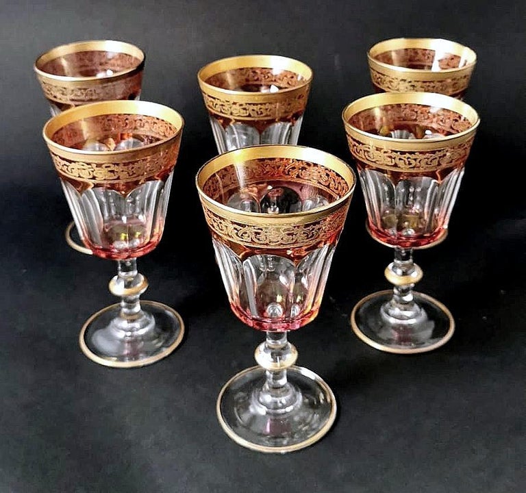 Louis XVI Style Six Blown and Colored Italian Wine Goblets Gold Rim For ...