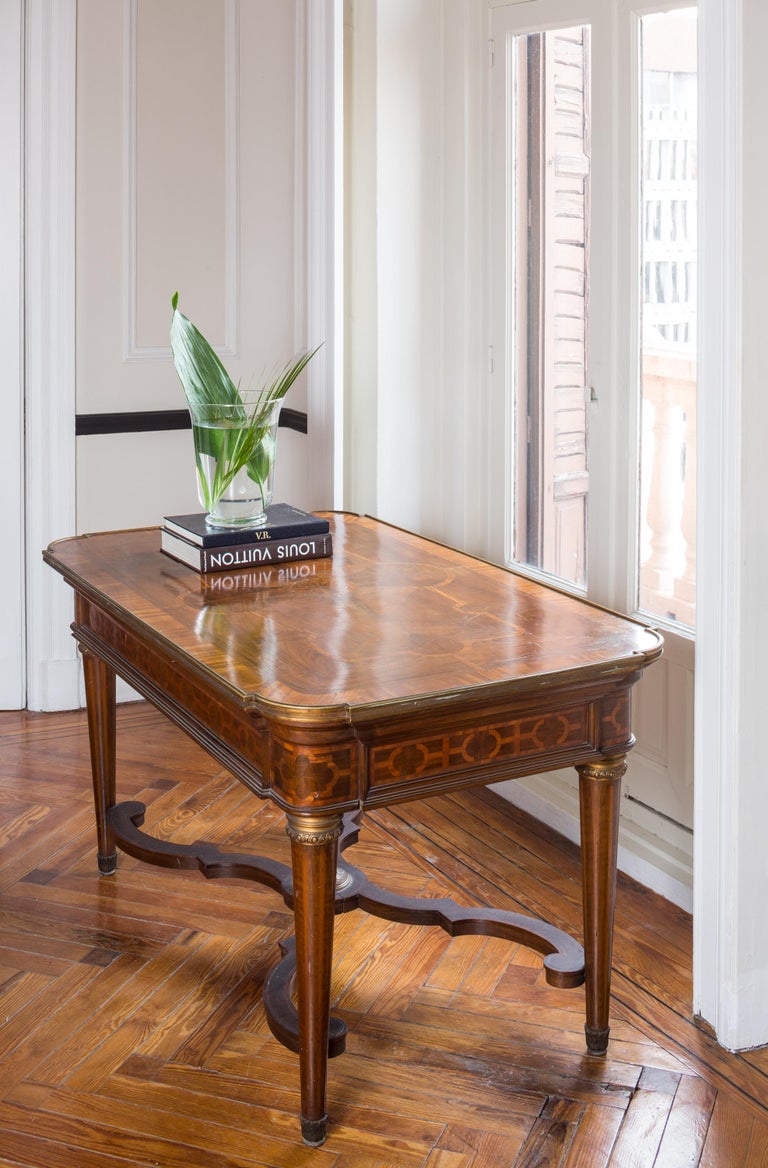 Louis XVI Style Table with Geometric Wood Marquetry and Brass Detailing ...