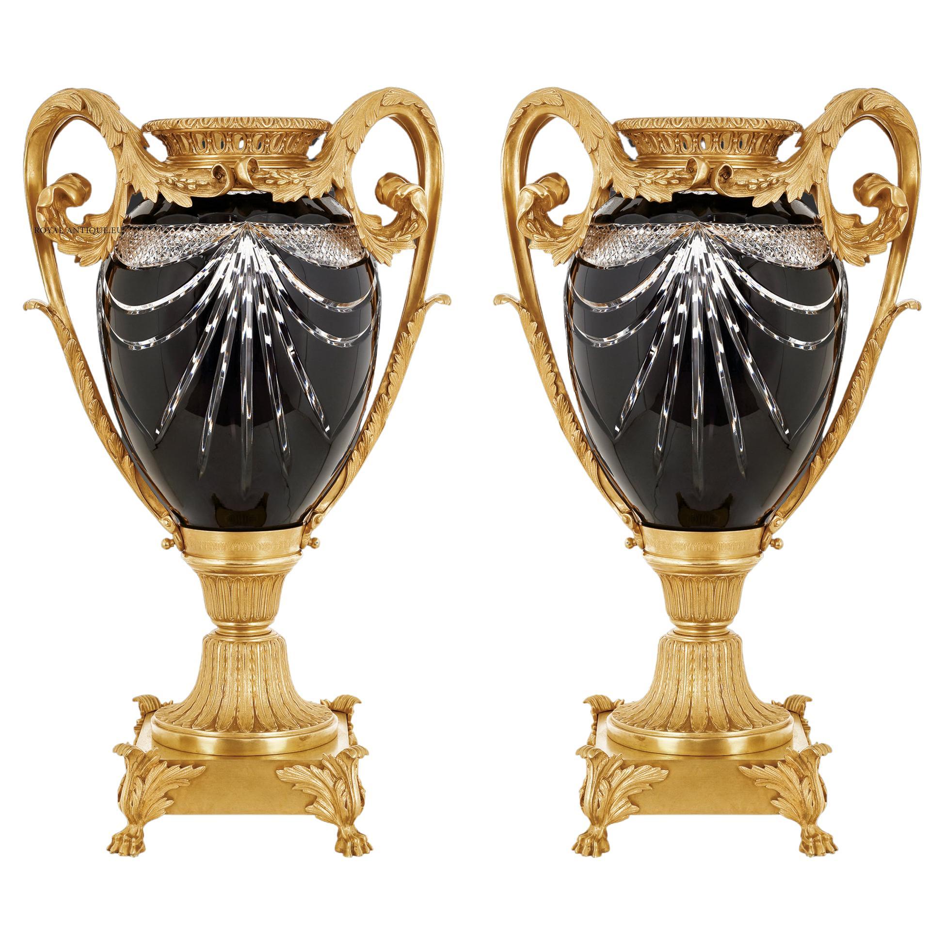 Two Louis XVI Style Green Marble and Gilt Bronze Vases For Sale at 1stDibs