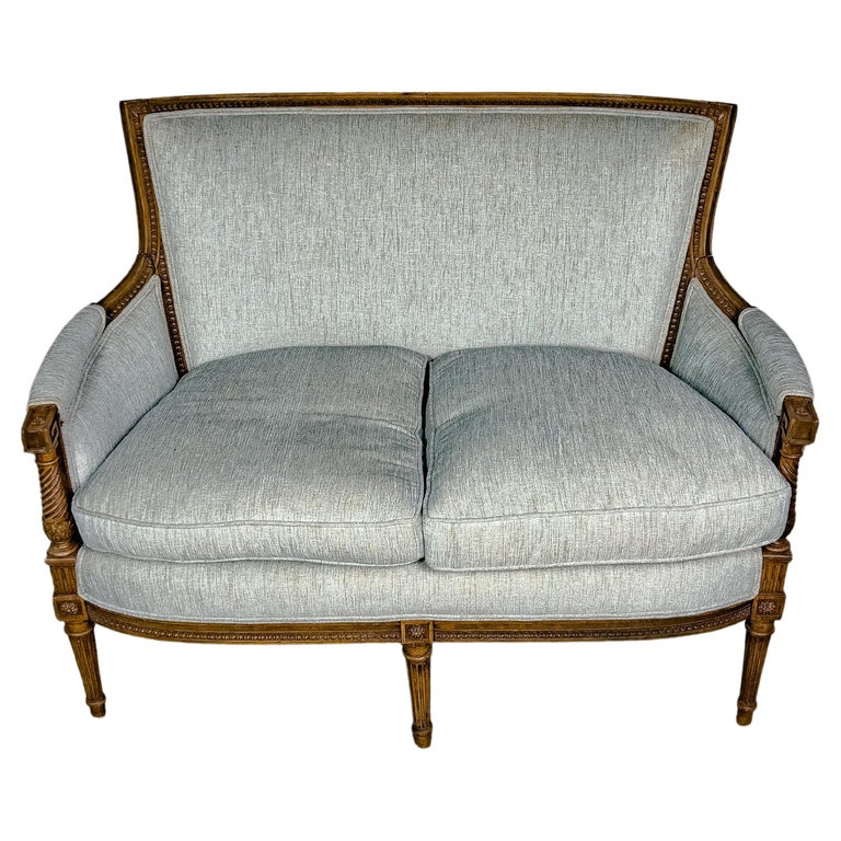 Louis XVI Style Walnut Settee with Blue Fabric For Sale at 1stDibs