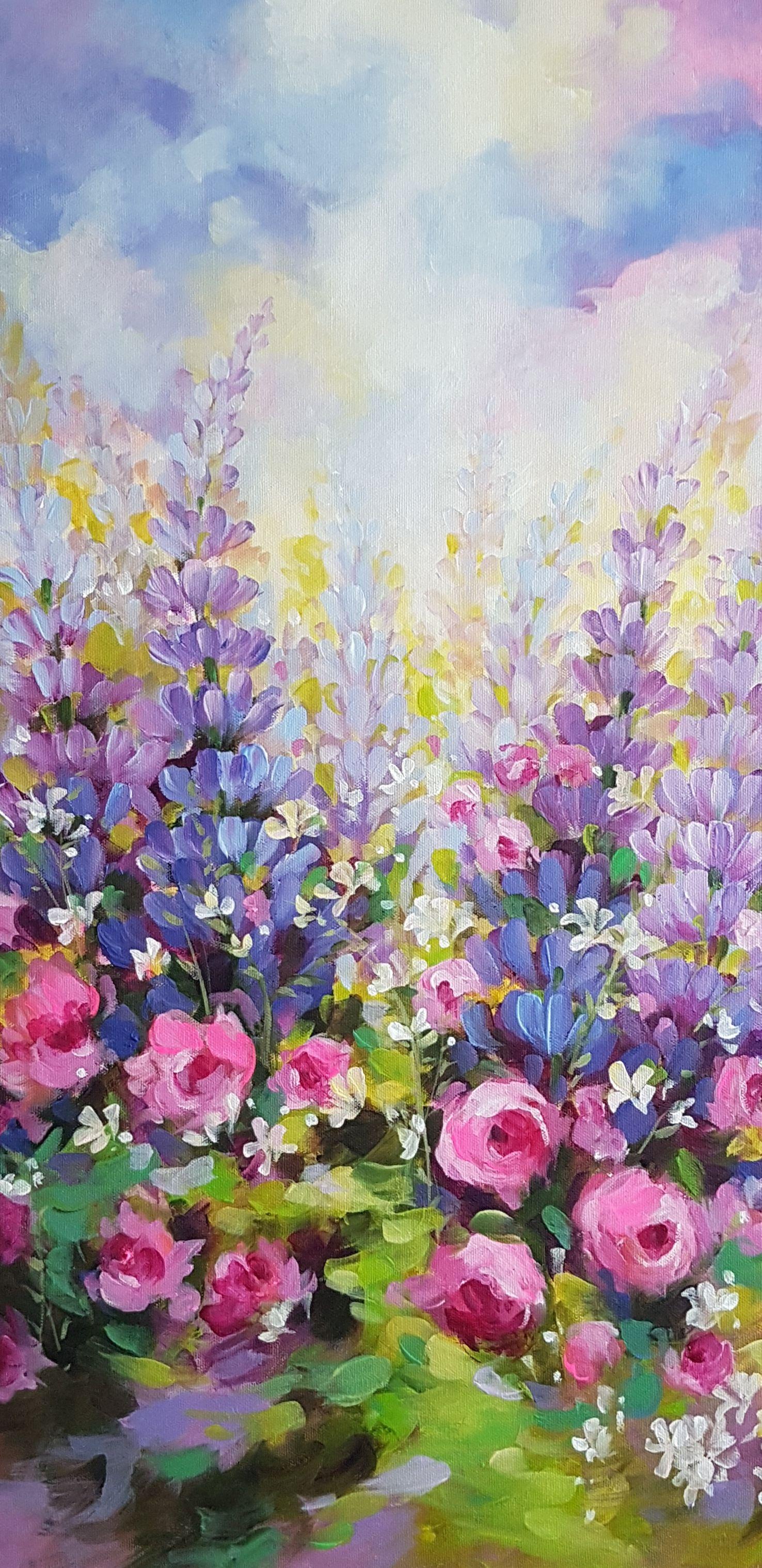 Louise Baker - Roses and Lupins, Painting, Acrylic on Canvas For Sale at 1stDibs