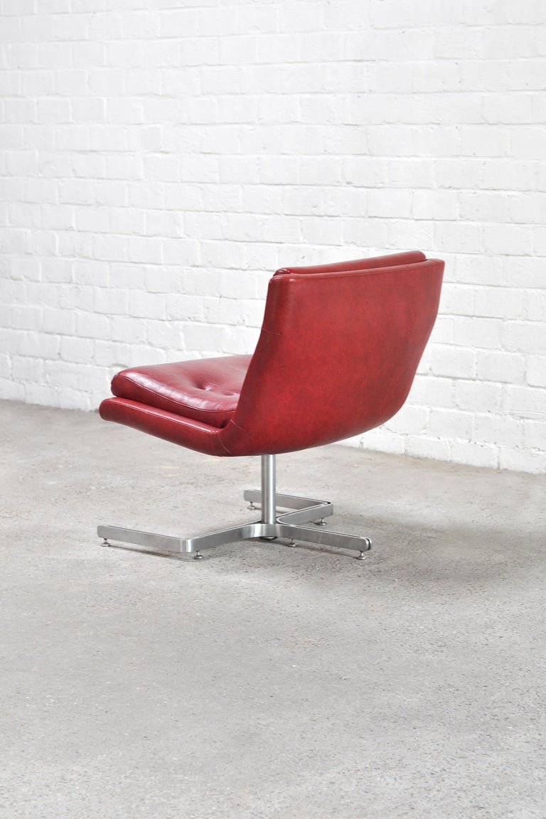 French Raphael Raffel Lounge Chair in Red Leather and Stainless Steel ...