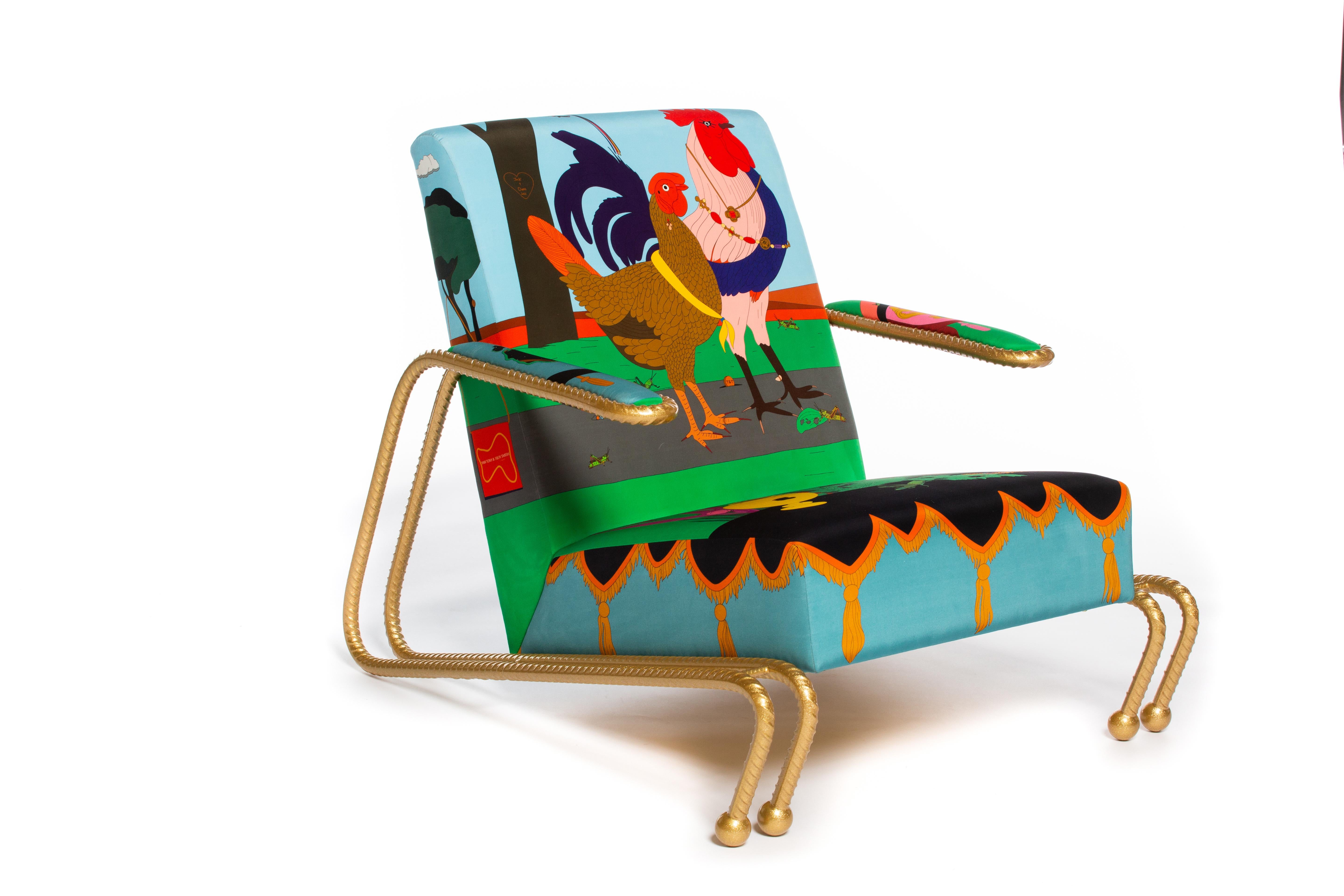 Handmade Lounge Chair With Custom Printed Silk Upholstery and Rebar ...