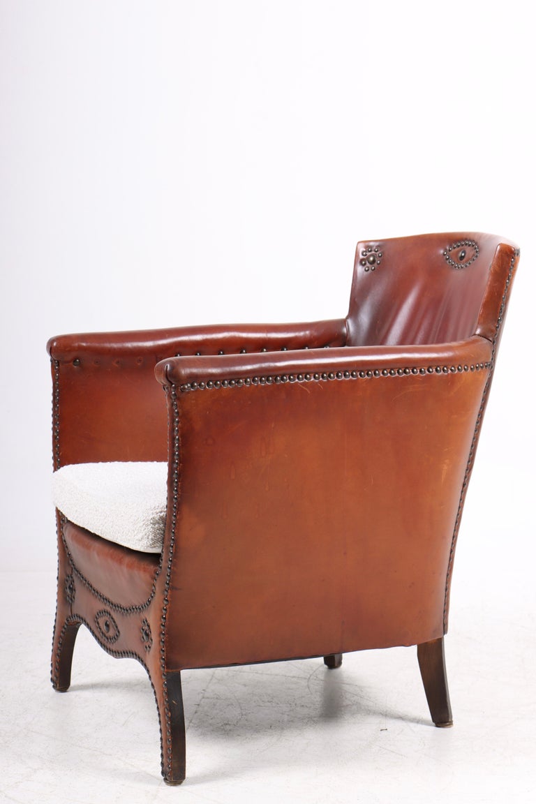 Lounge Chair in Patinated Leather and Boucle Designed by Otto Schulz For Sale at 1stDibs