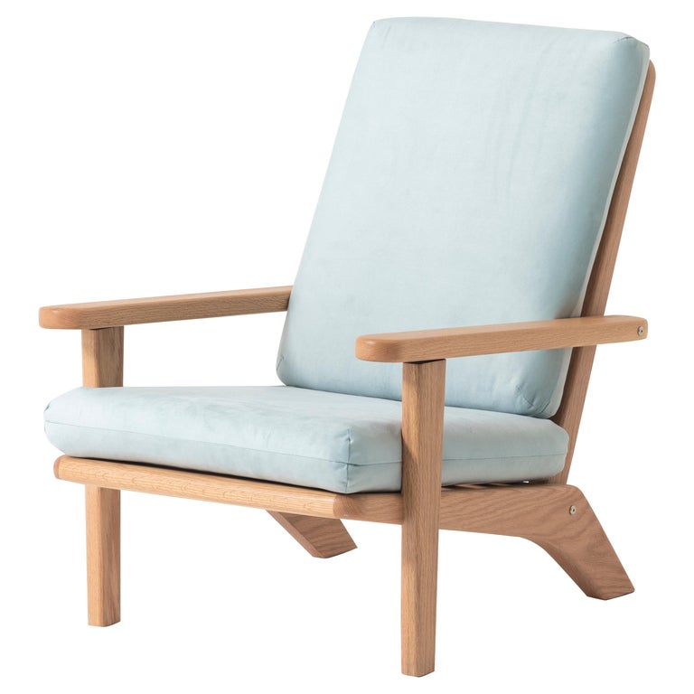 Lounge Chair in Solid Oak Wood with Mint Textile Cushion and Reclining ...