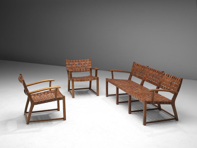 Lounge Set with Cognac Leather Webbed Back and Seat For Sale at 1stDibs