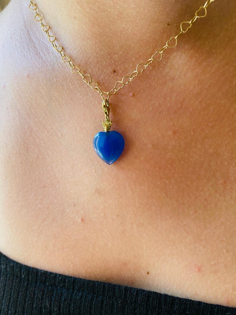 Love Chain Mesh and Blue Heart Charm 18K Yellow Gold Romantic Pendant ...