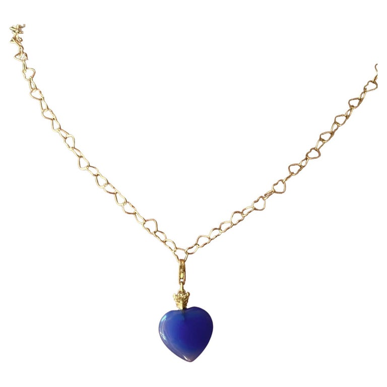 Love Chain Mesh and Blue Heart Charm 18K Yellow Gold Romantic Pendant ...