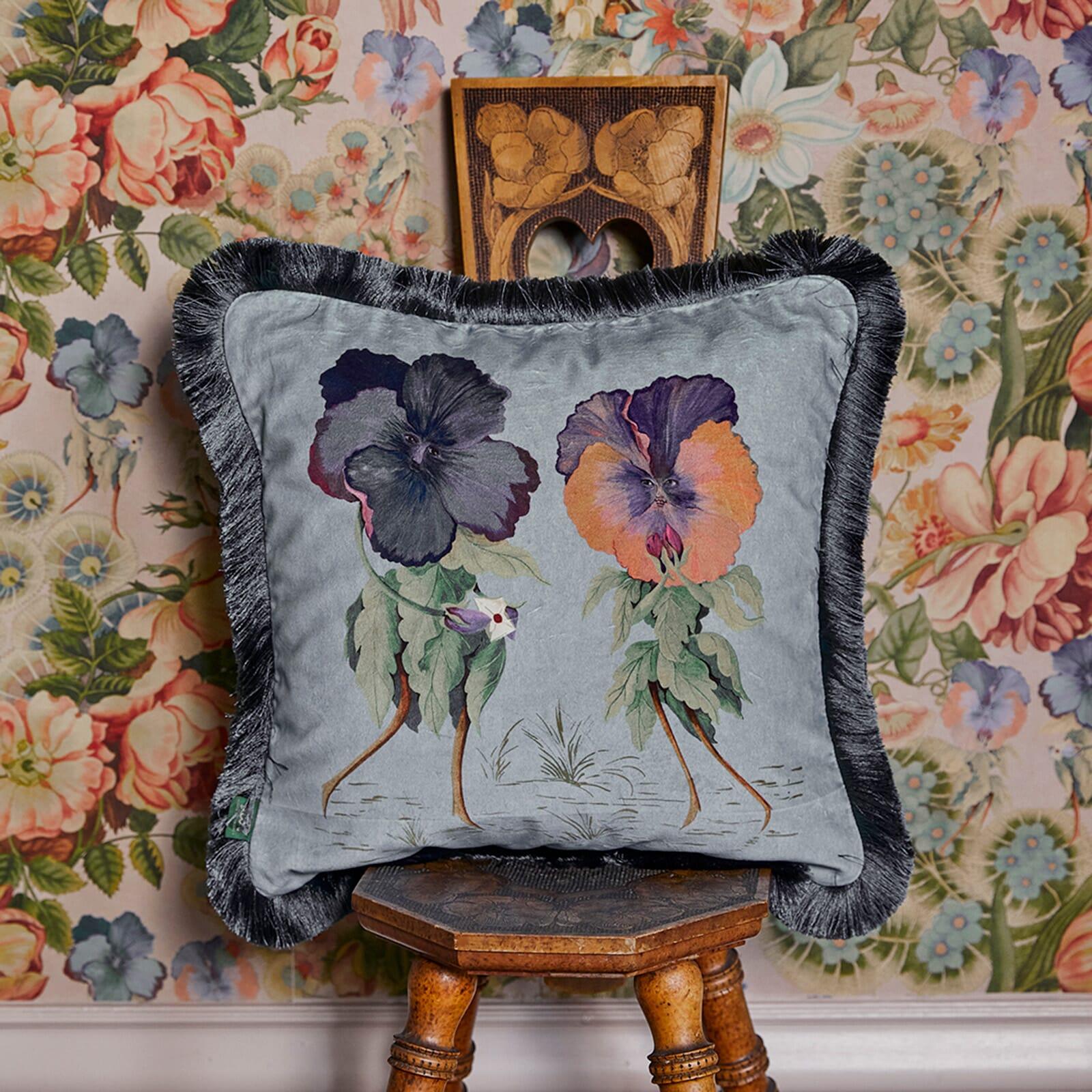 LOVE LETTER Medium Fringe Velvet Cushion - Azure For Sale at 1stDibs