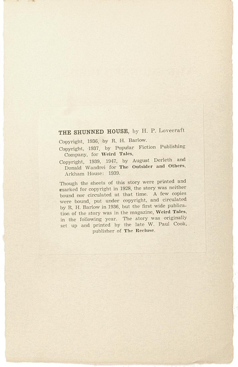 LOVECRAFT, The Shunned House First Edition First Printing of His First ...