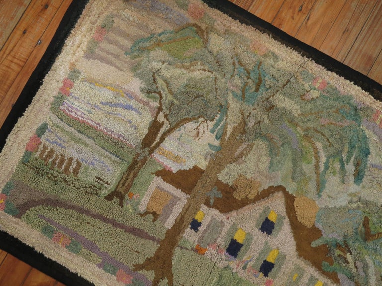 Lovely American Hooked Scenery Rug For Sale at 1stDibs