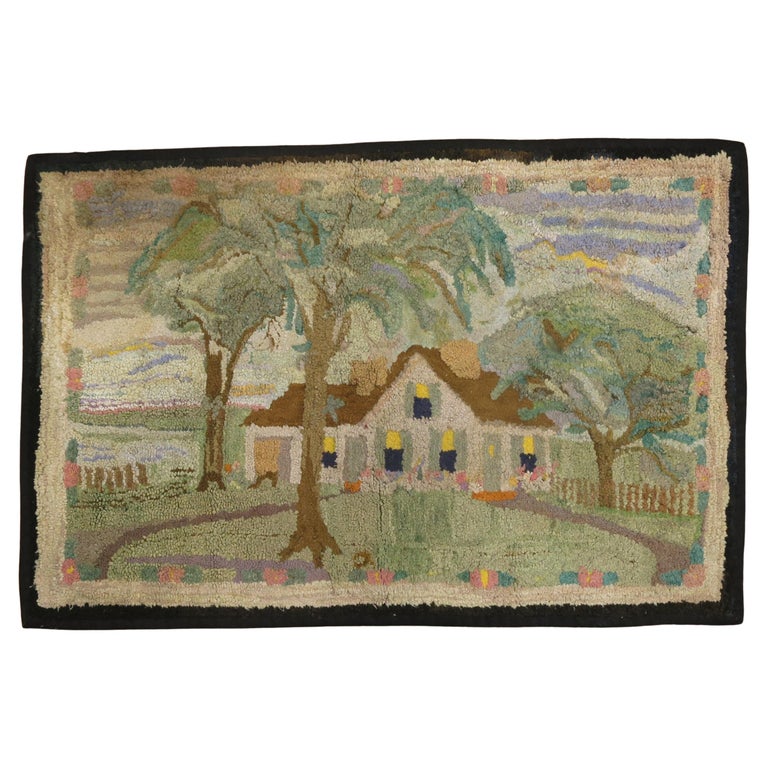 Lovely American Hooked Scenery Rug For Sale at 1stDibs