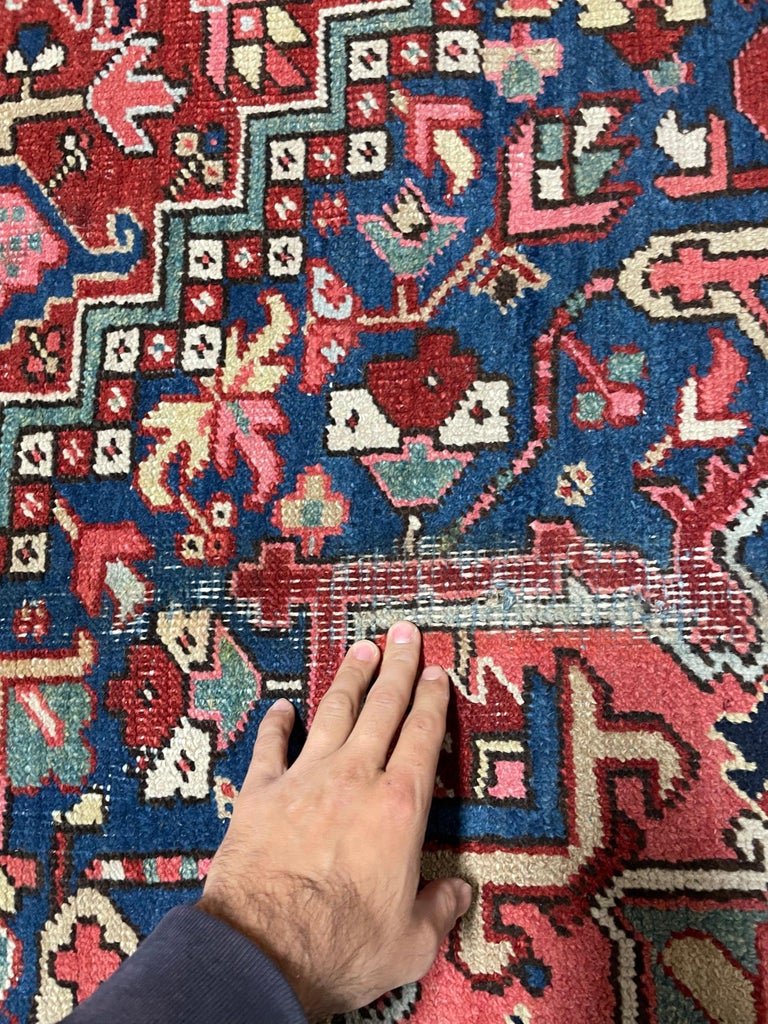 Lovely Antique Rug with Deep Denim Corners, Corals, Salmon, Blue, c ...