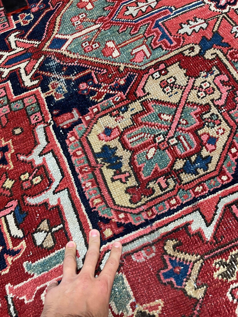 Lovely Antique Rug with Deep Denim Corners, Corals, Salmon, Blue, c ...