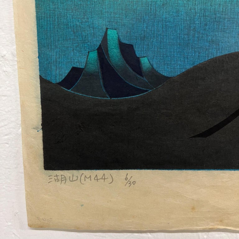 Lovely Aqua Blue Japanese Print on Rice Paper Signed Art For Sale at ...