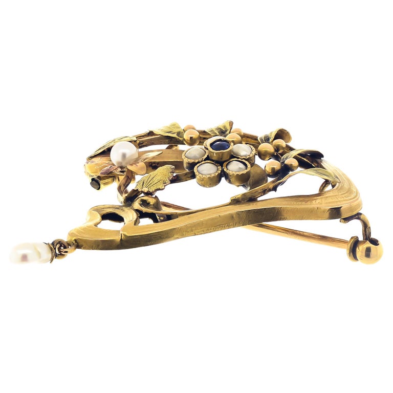 Lovely Art Nouveau 18kt Yellow Gold, Sapphire, and Pearl French Brooch ...