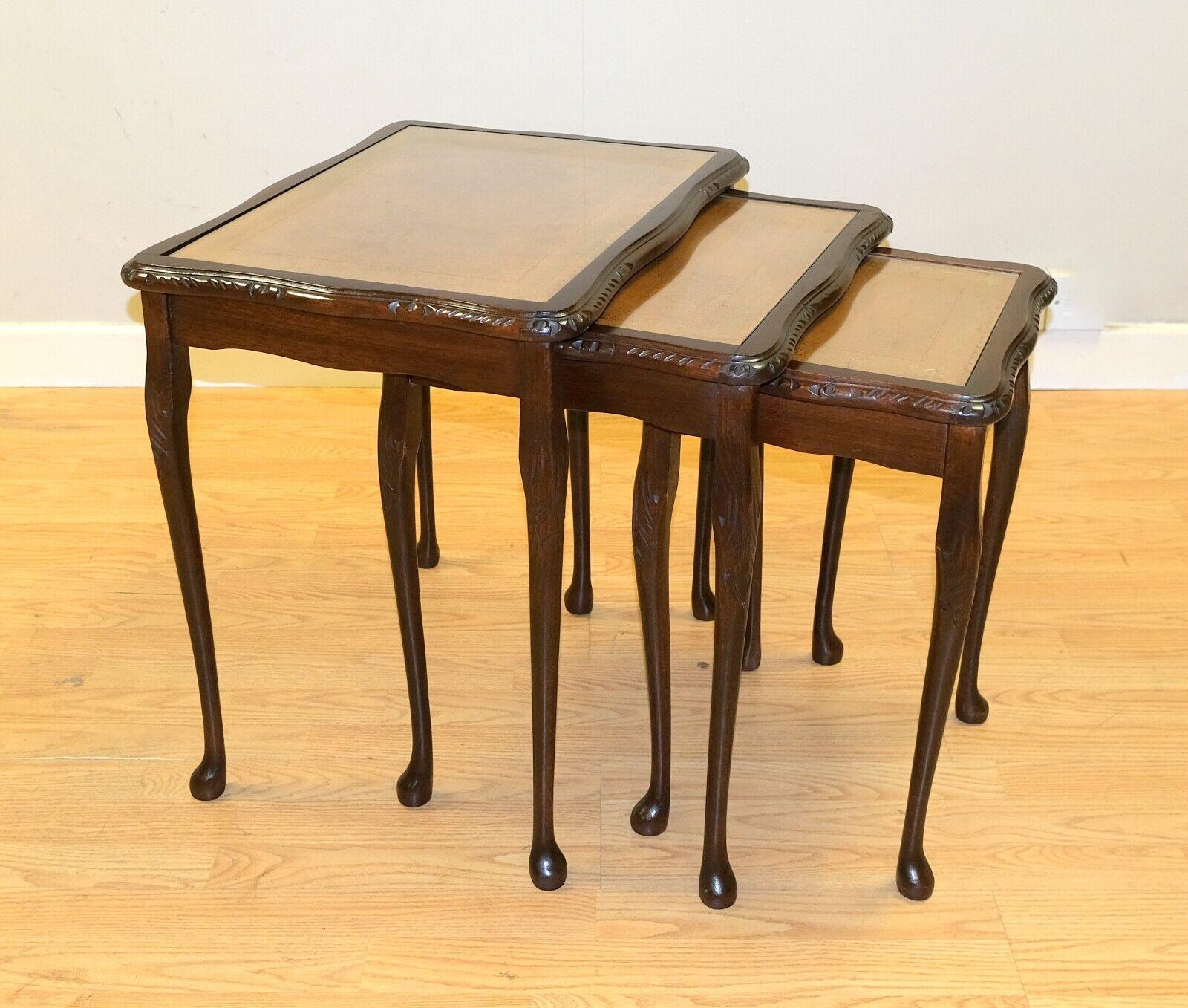 Lovely Bevan Funnell Hardwood Nest of Tables with Brown Leather and ...