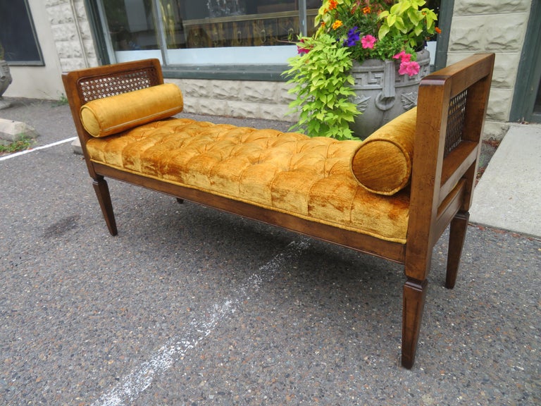 Lovely Caned Walnut Tufted Bench Mid-Century Modern at 1stDibs