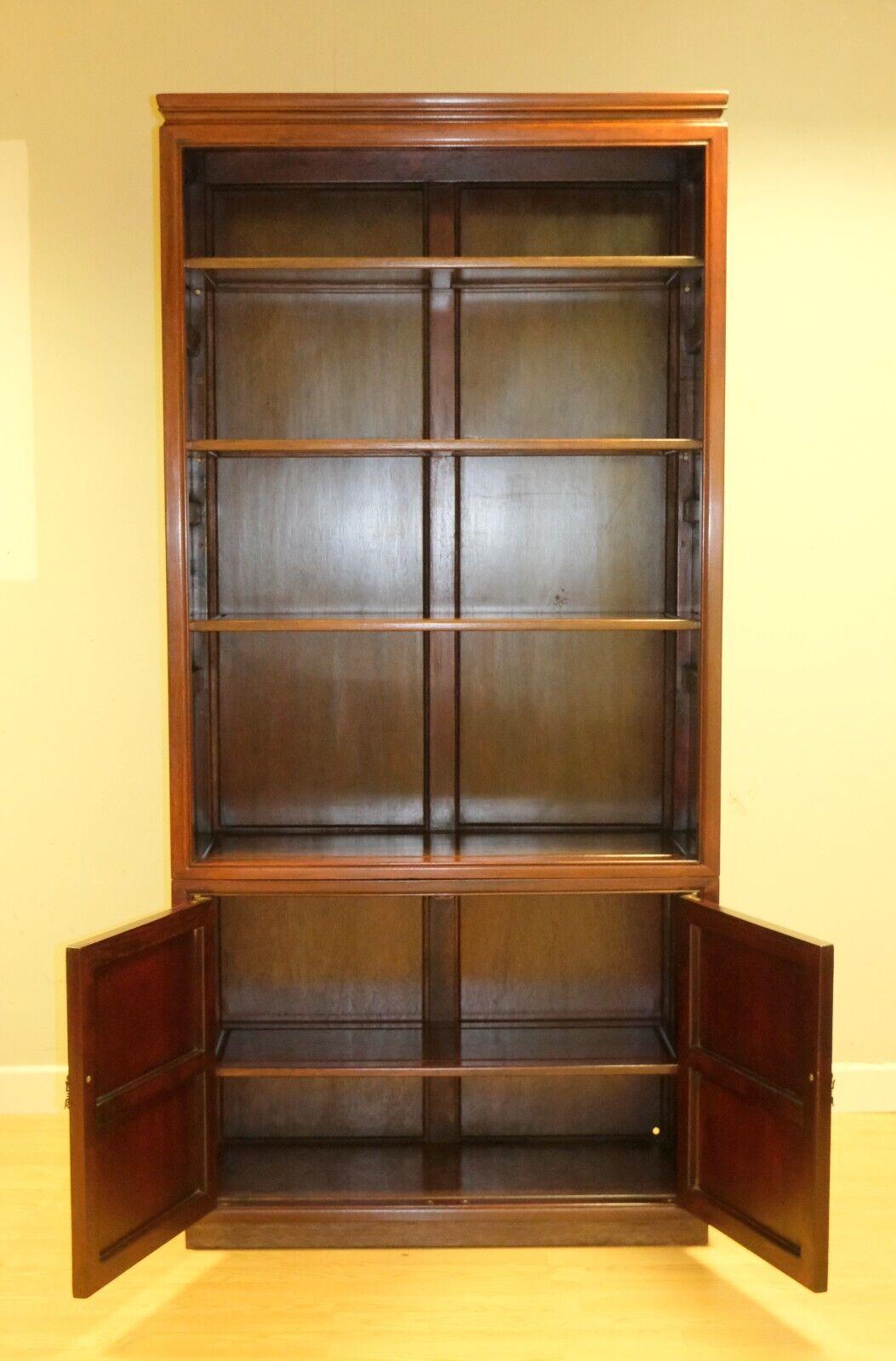 Lovely Chinese Teak Library Bookcase Cabinet on Plinth Base and Carved ...