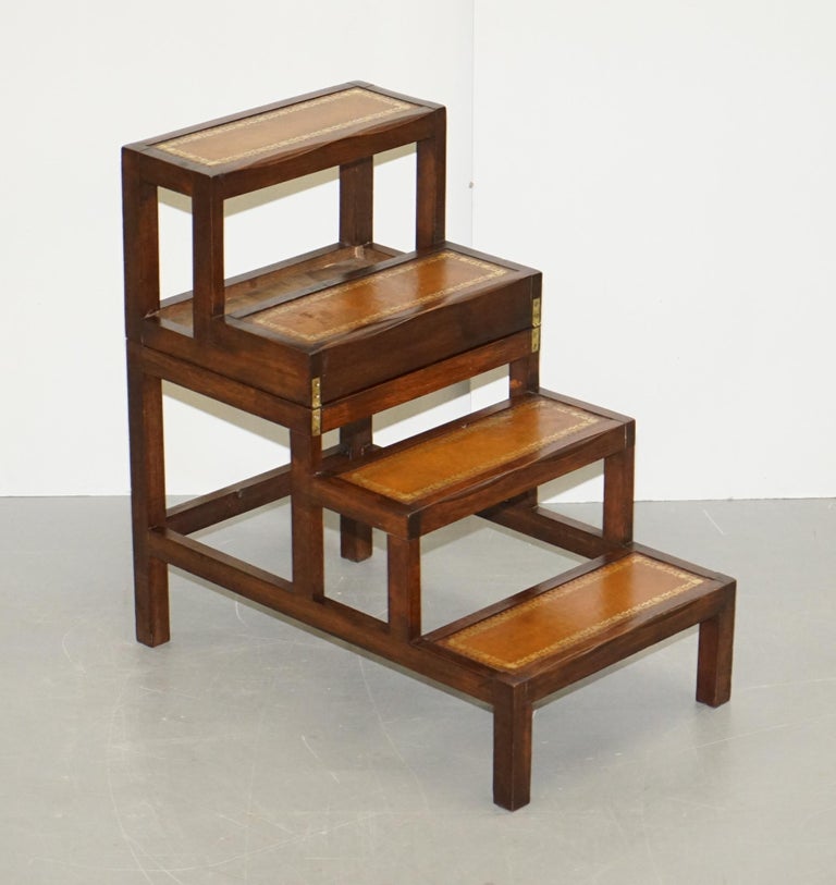 Lovely Edwardian Brown Leather Metamorphic Library Ladder Steps Coffee ...
