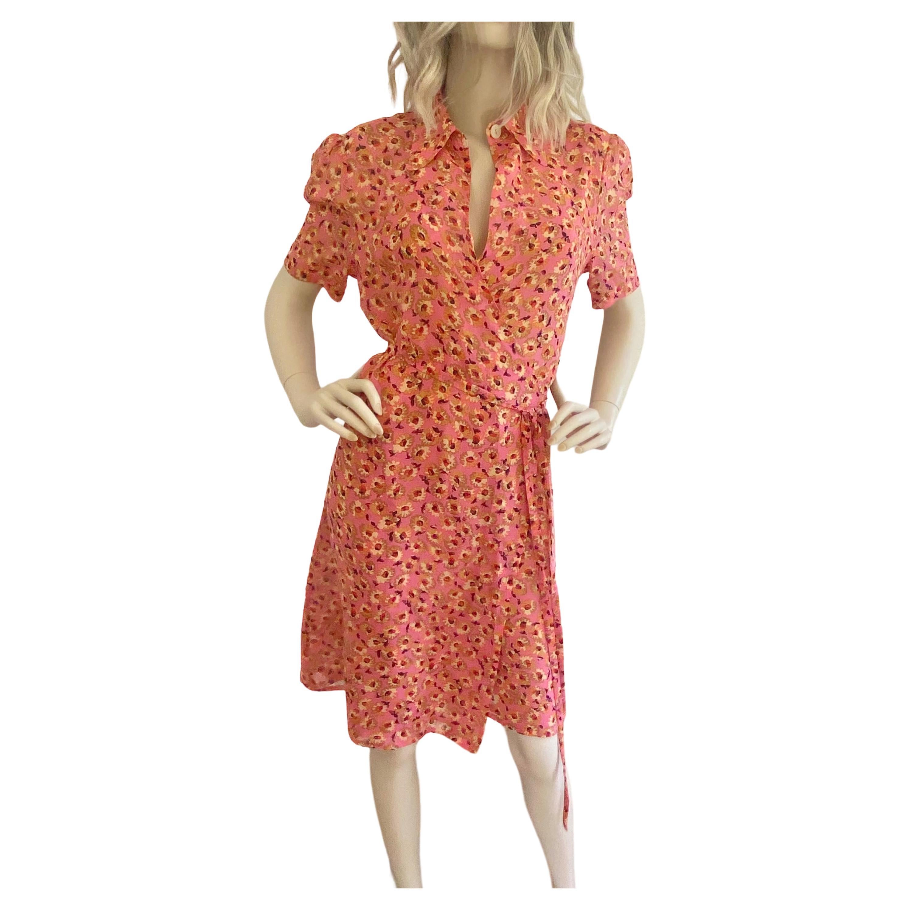 Floral Print Silk Puff Sleeve Wrap Dress- Flora Kung Design Library For Sale at 1stDibs