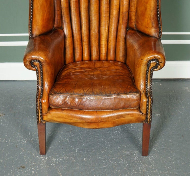 Lovely Fluted Barrel Back Hand Dyed Whiskey Brown Wingback Libary Chair ...