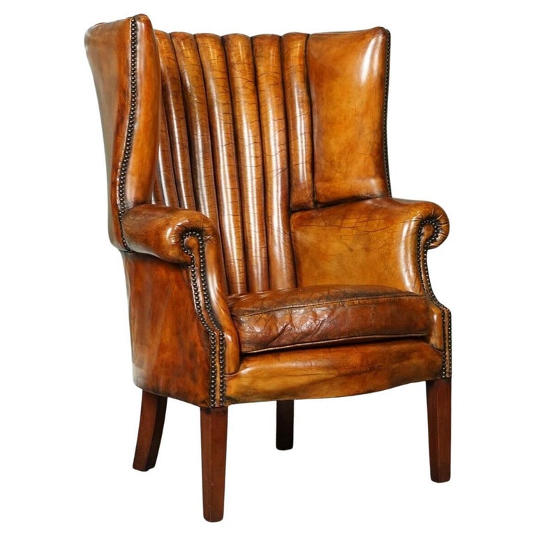 Lovely Fluted Barrel Back Hand Dyed Whiskey Brown Wingback Libary Chair ...