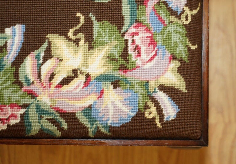 Lovely Hardwood and Embroidered Floral Vintage Footstool Stool For Sale ...