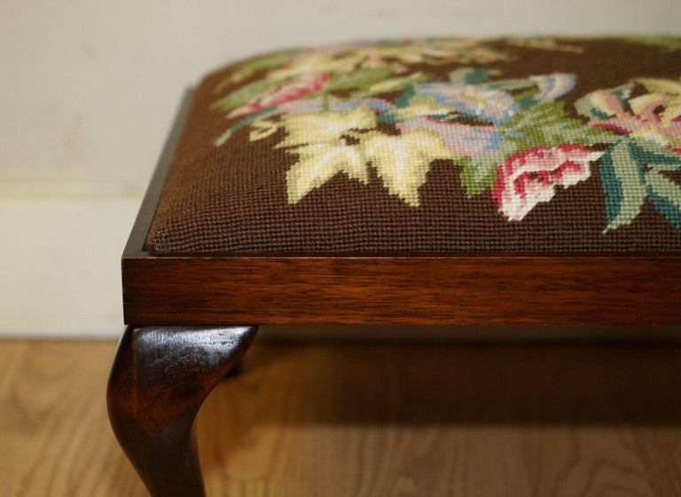 Lovely Hardwood and Embroidered Floral Vintage Footstool Stool For Sale ...