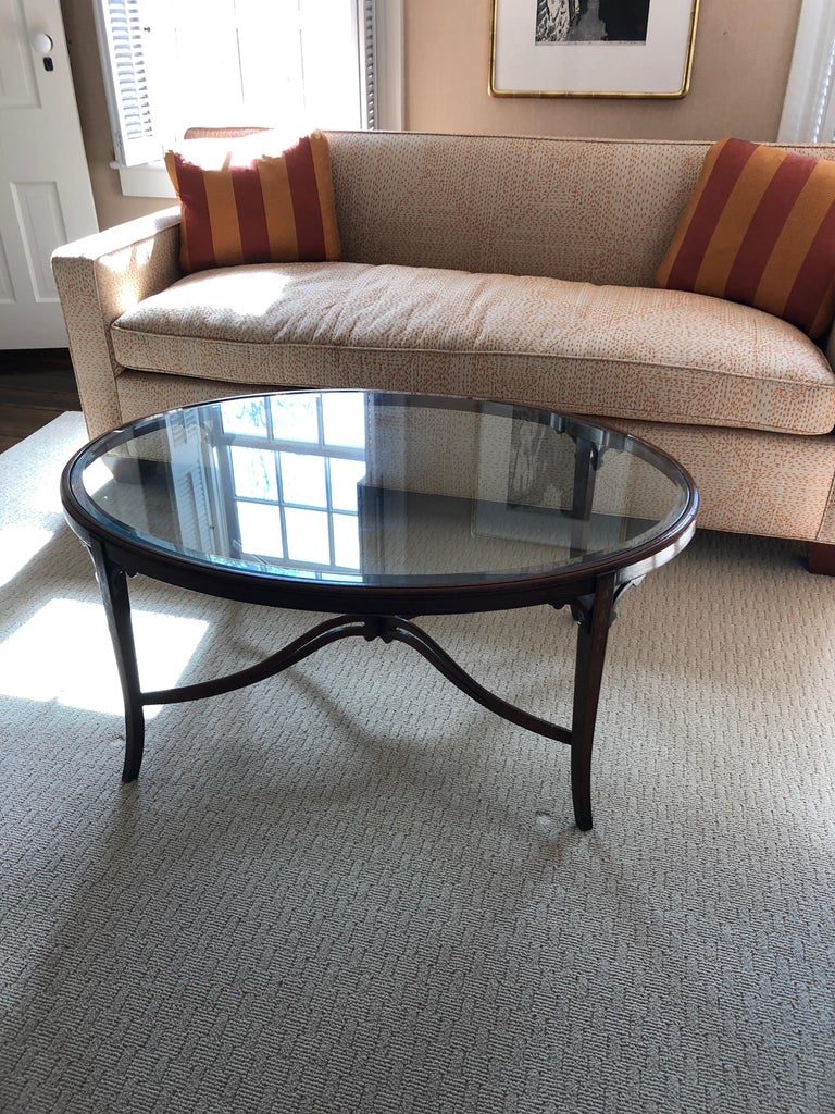Lovely Inlaid Mahogany and Glass Oval Coffee Table at 1stDibs