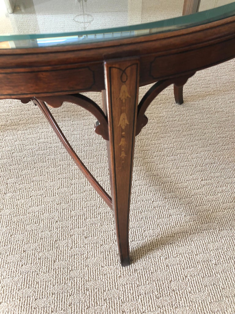 Lovely Inlaid Mahogany and Glass Oval Coffee Table at 1stDibs