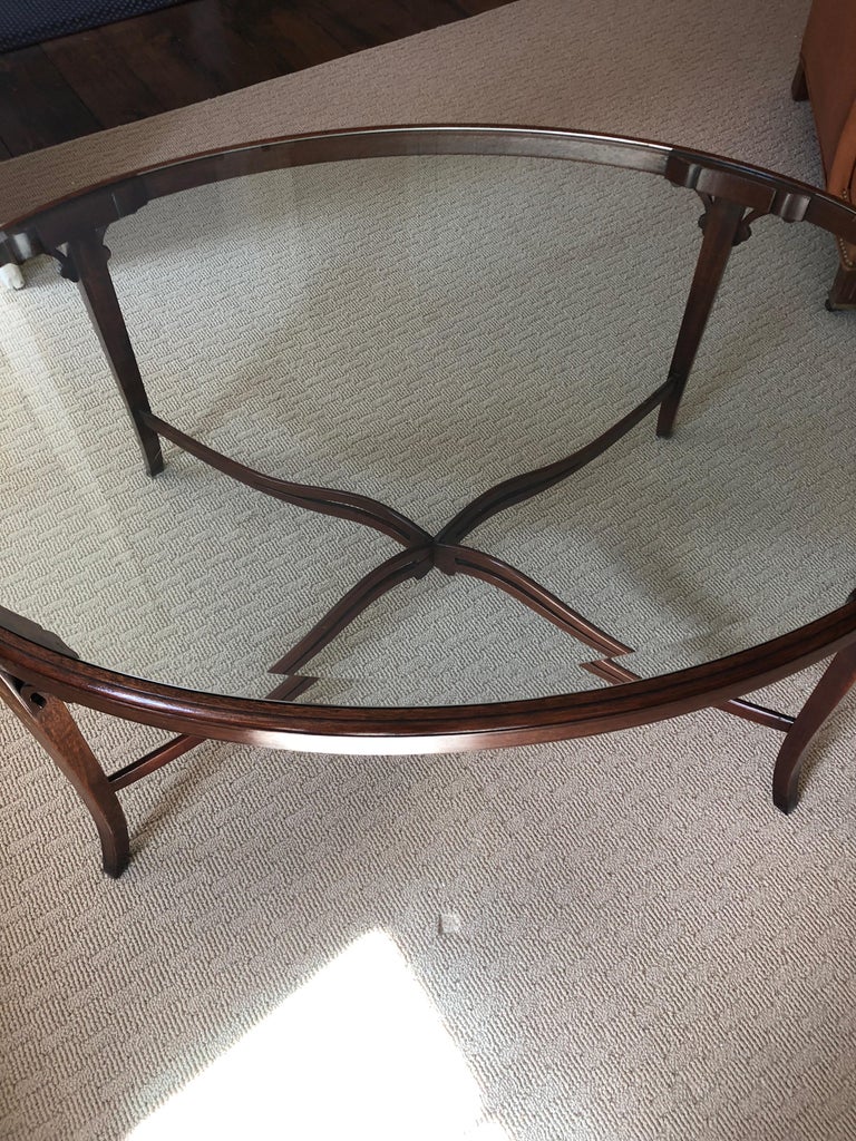 Lovely Inlaid Mahogany and Glass Oval Coffee Table at 1stDibs