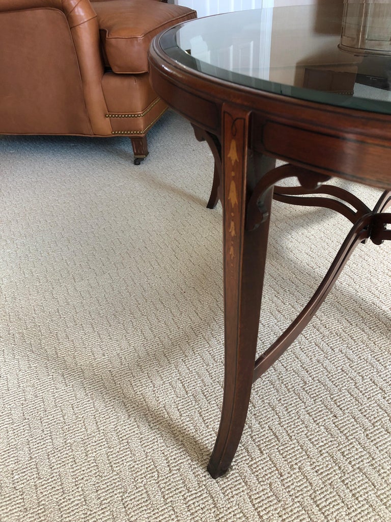 Lovely Inlaid Mahogany and Glass Oval Coffee Table at 1stDibs