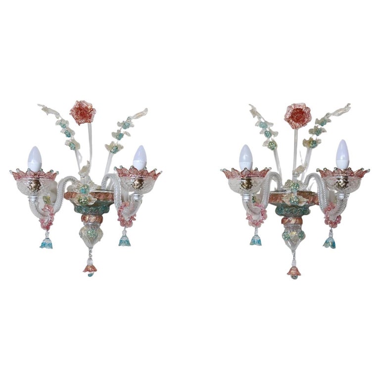 Lovely Italian Colored Murano Glass Pair of Sconces For Sale at 1stDibs