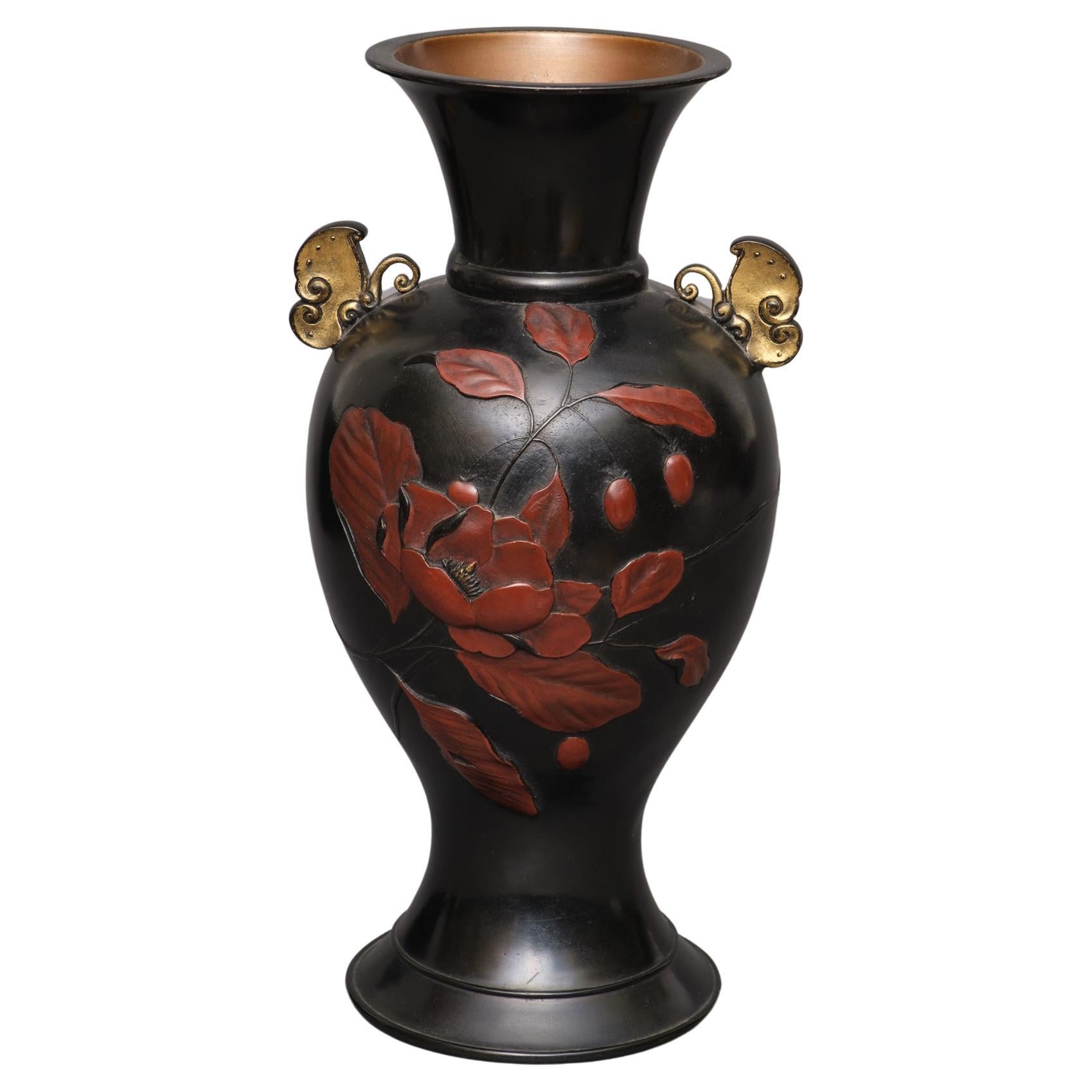 Antique Japanese Bronze Vase with Landscape and Red Patina For Sale at ...