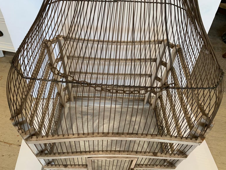 Lovely Large Painted Grey Wood and Wire Birdcage For Sale at 1stDibs