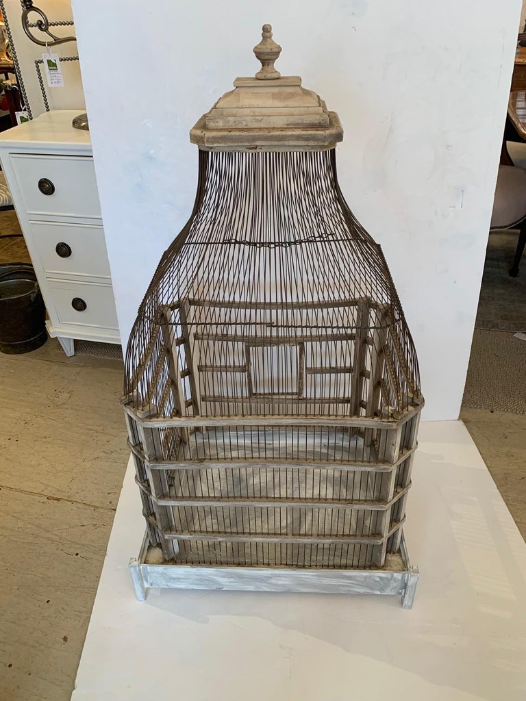 Lovely Large Painted Grey Wood and Wire Birdcage For Sale at 1stDibs
