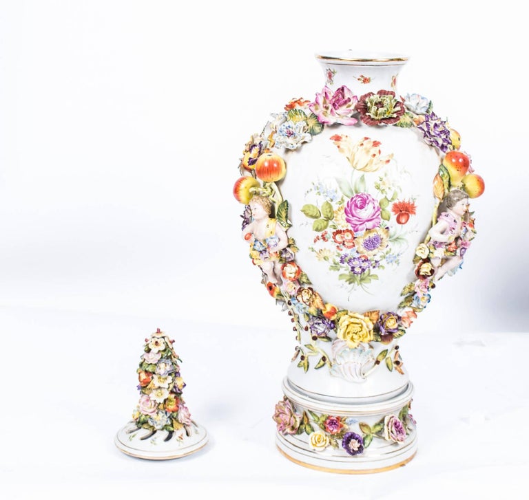 Pair Dresden Style Hand Painted Porcelain Vases at 1stDibs